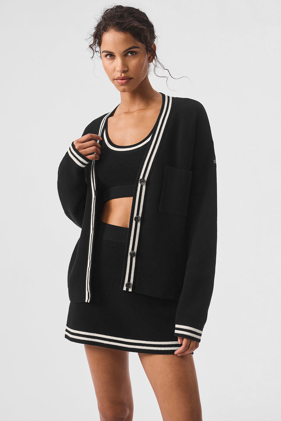 Alo Yoga Tennis Club Sweater Knit Cardigan Black/Ivory – Kanadadan Kapına