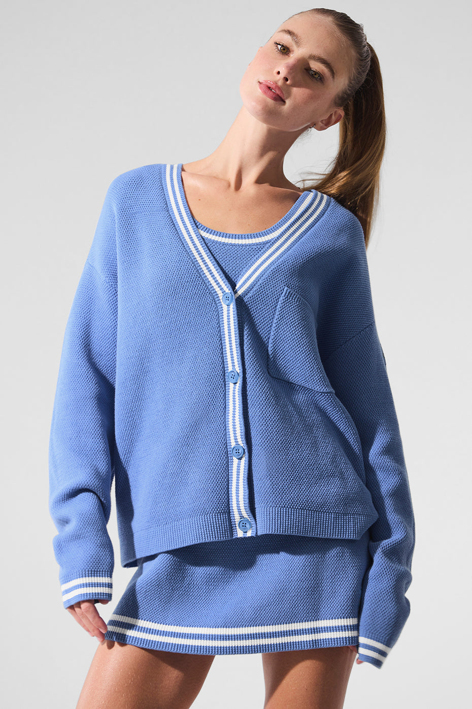Alo Yoga Tennis Club Sweater Knit Cardigan Crystal Clear Blue/White ...
